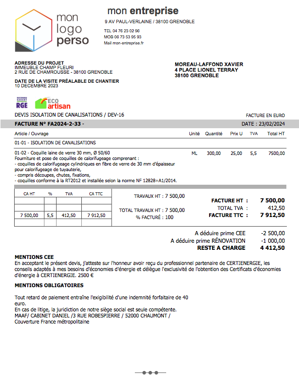 Facturation pour certificats d'économies d'énergie - Mac Pc